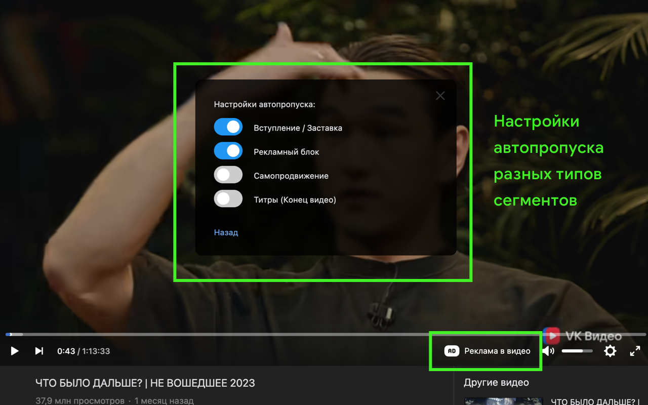 VK AD SKIP - пропуск рекламы внутри видео